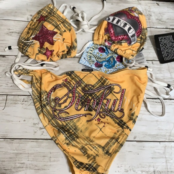 Affliction | Swim | Affliction Sinful Bikini Yellow Plaid Pink Beading ...